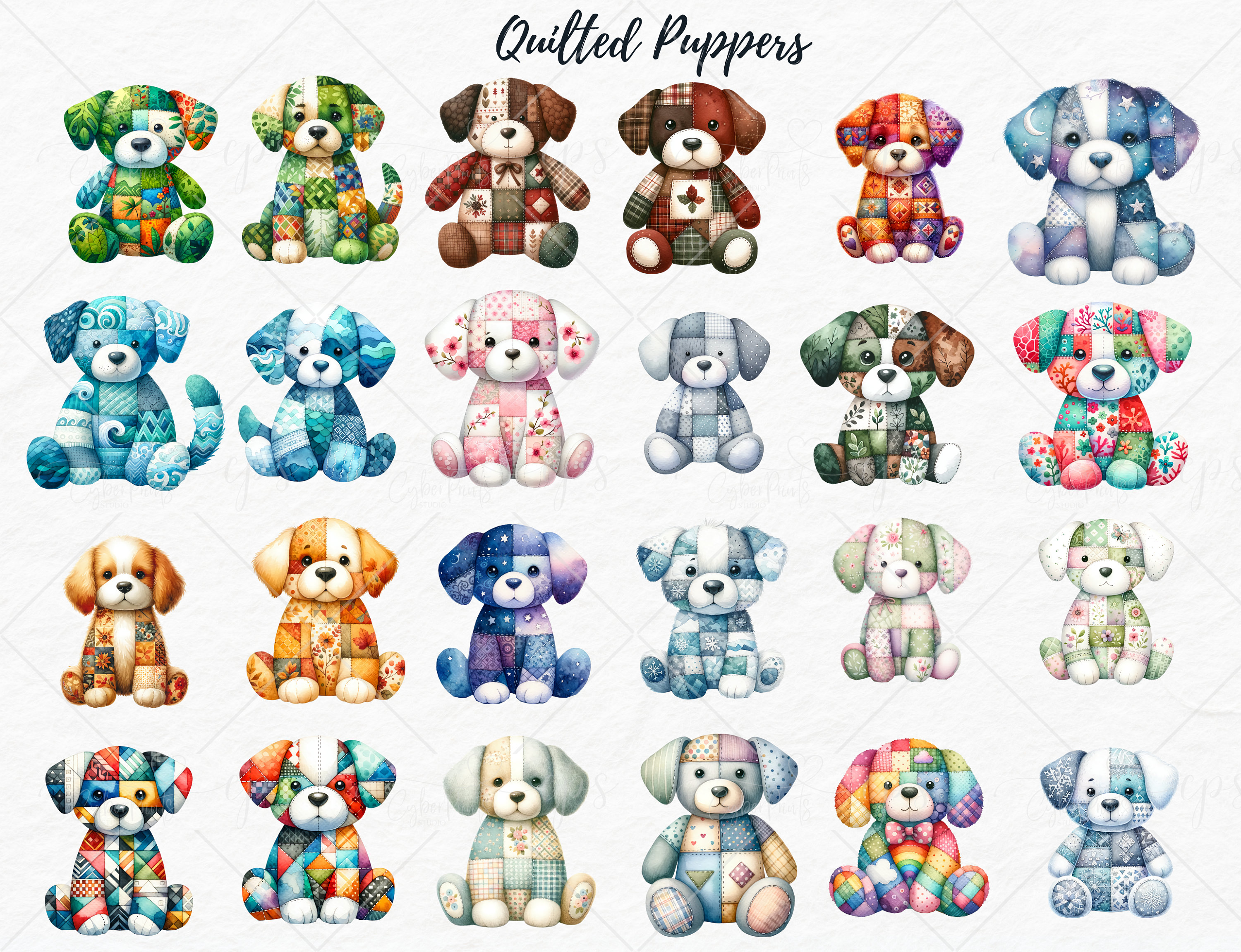 Patchwork PNG Quilted Puppy, Stuffed Animal, Nursery Art, Cute Adorable ...