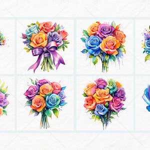 Watercolor Rainbow Roses Clipart - Roses in PNG Format Instant Download ...