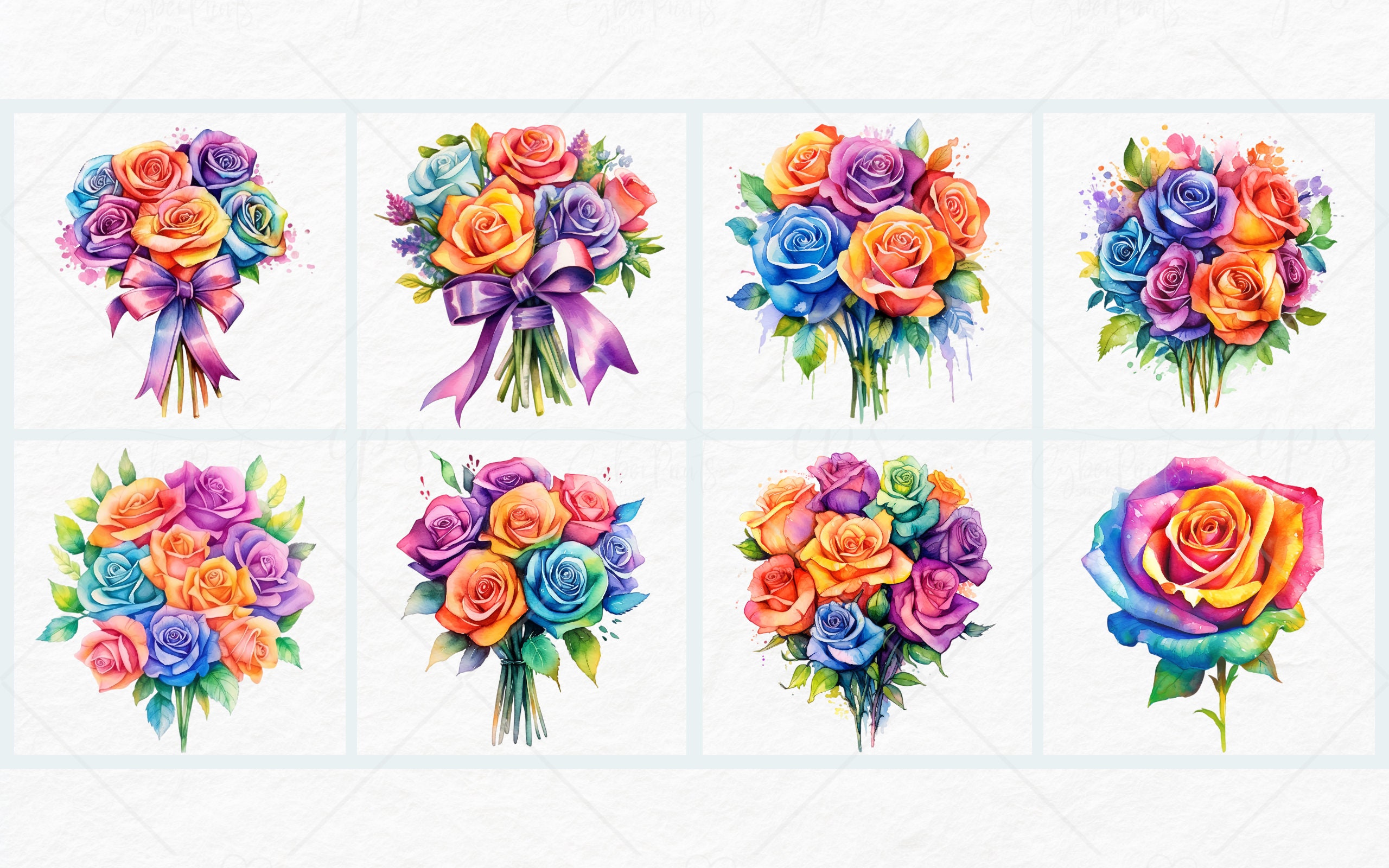 Watercolor Rainbow Roses Clipart Roses in PNG Format Instant Download ...