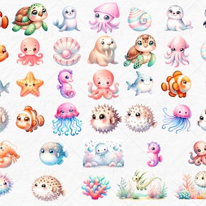 Sea Animals Watercolor Clipart Bundle - 238 PNG Cute Marine Animal ...