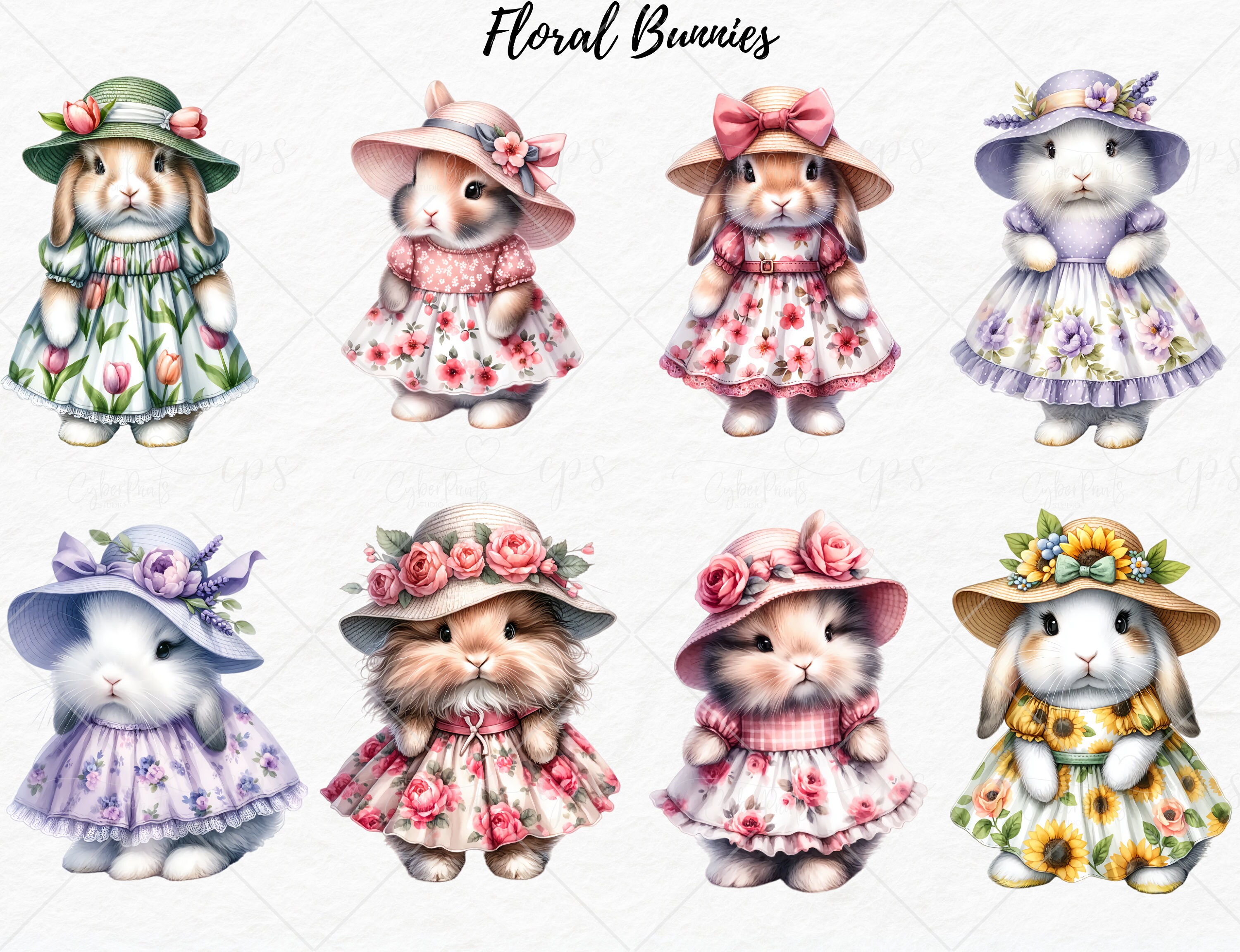Floral Bunnies in Dresses, Watercolor Clipart Png, Rabbit, Bunny Png ...