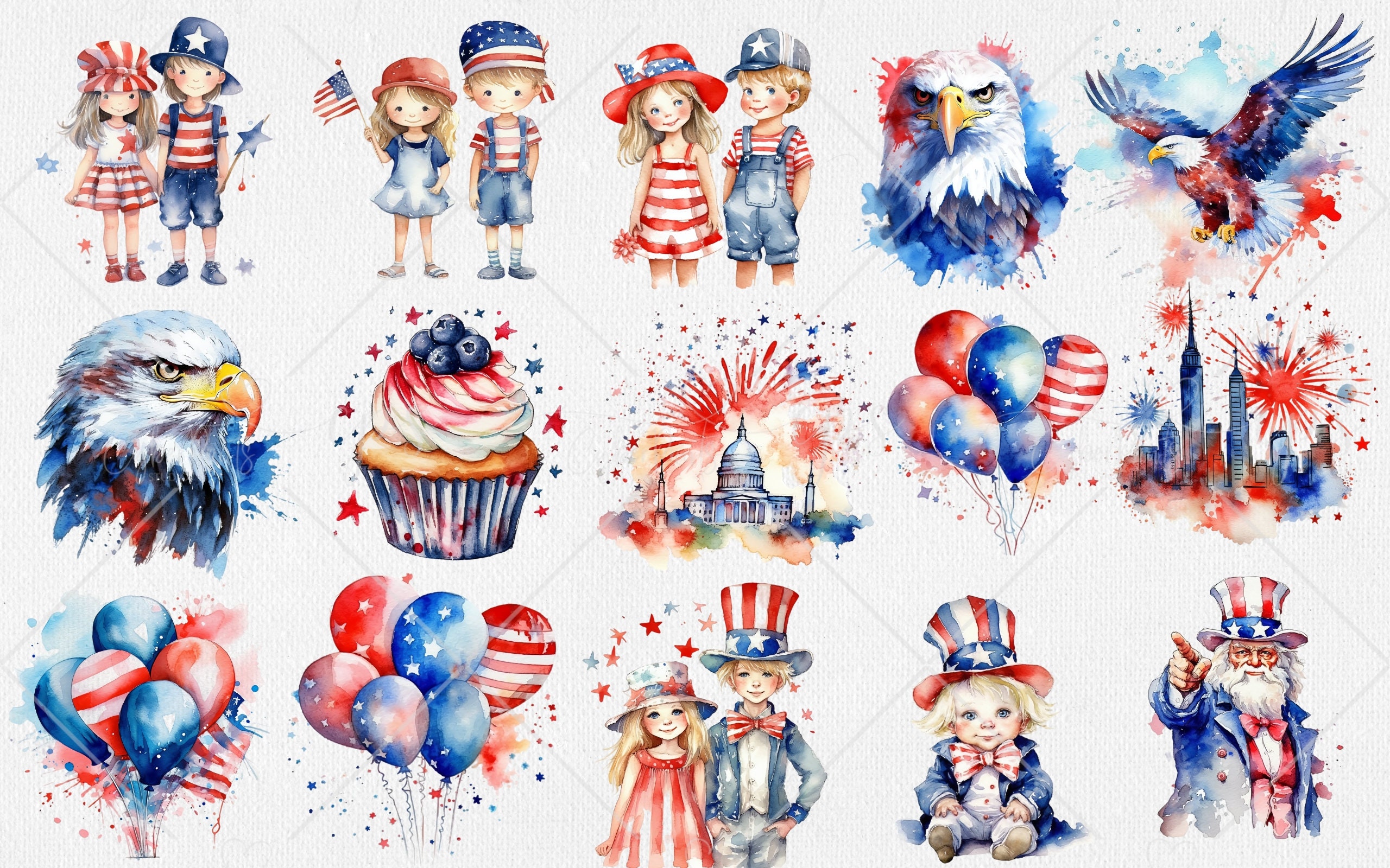 Watercolor Fourth of July Clipart, USA Patriotic, Bunting, Fireworks ...