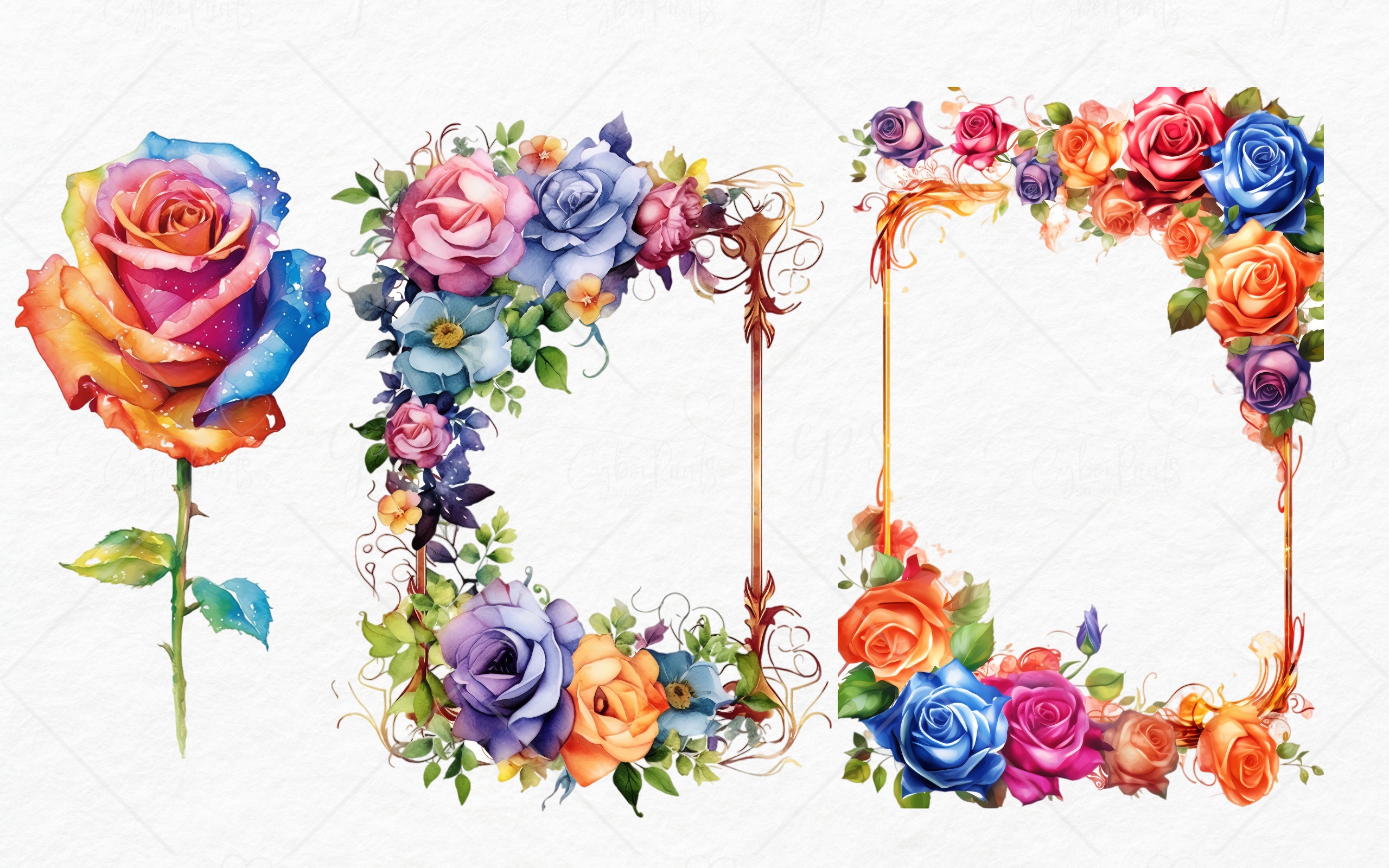 Watercolor Rainbow Roses Clipart Roses in PNG Format Instant Download ...