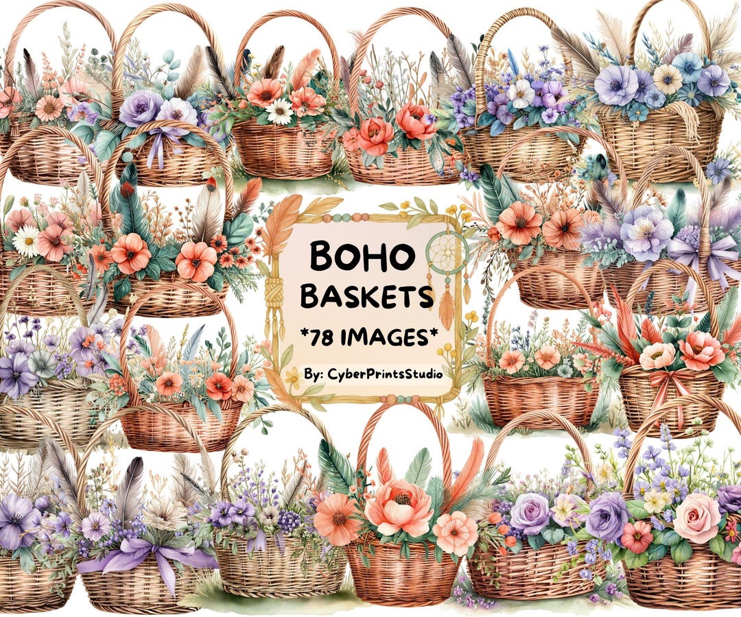 Boho Basket Clipart Bundle - 78 Watercolor PNG Floral Baskets With ...