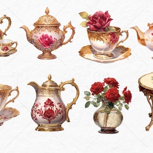 Watercolor Rose Tea Clipart, Rose Tea Cups, Garden Tea Clip Art PNG ...
