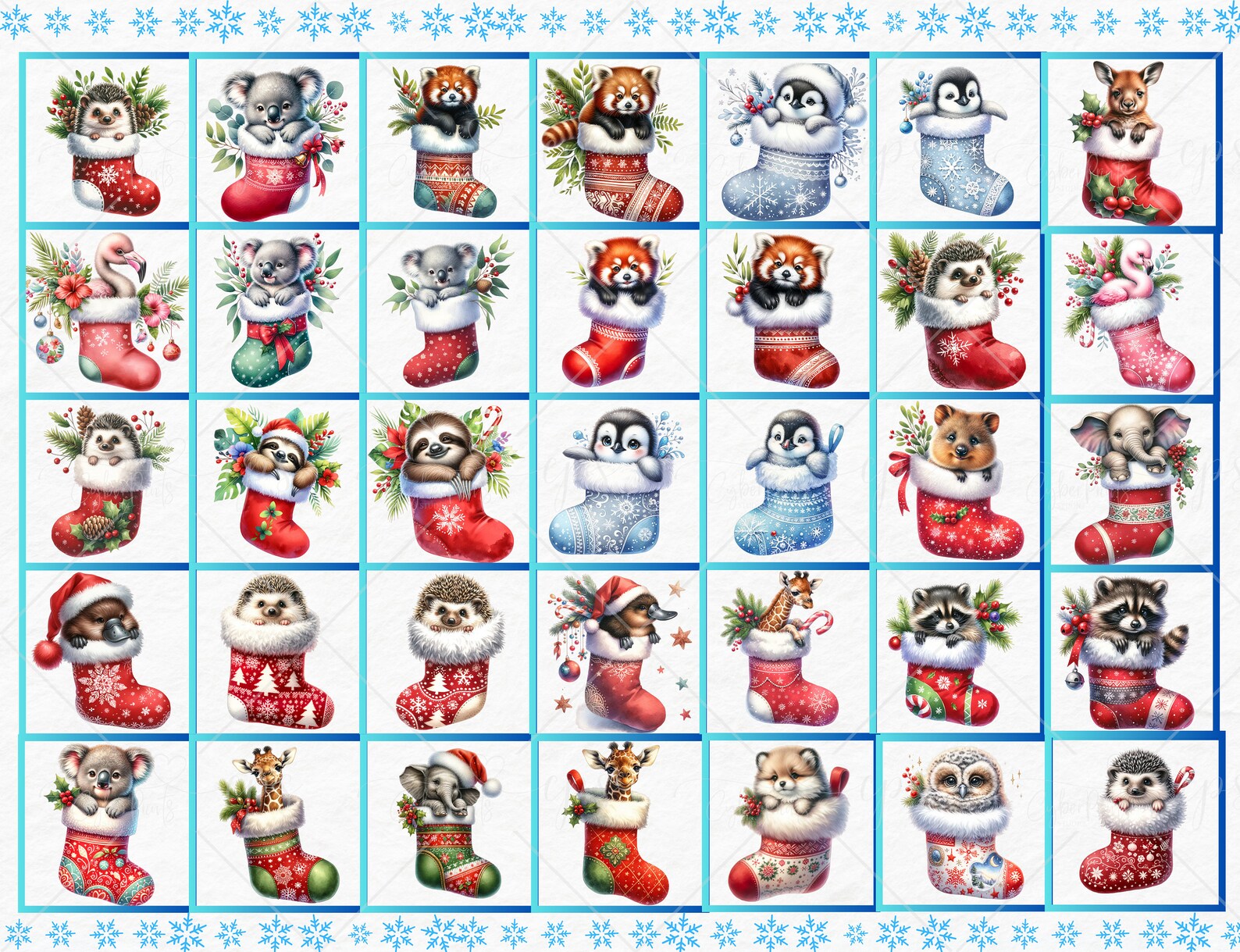Christmas Critter Stockings, Cute Watercolor Xmas Animals, Holiday ...