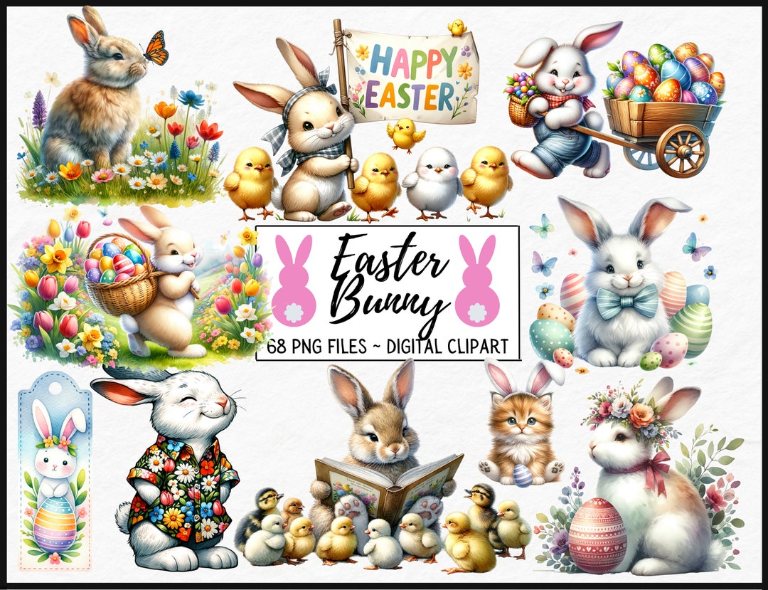 Easter Watercolor Clipart Bundle, PNG Easter Bunny Images, Cute Spring ...