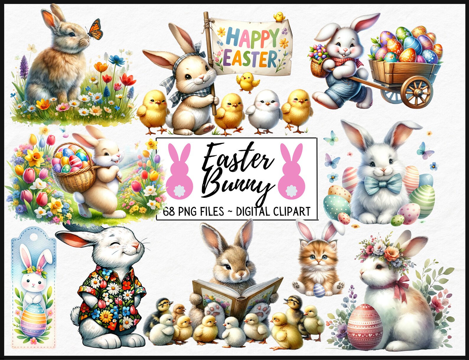 Easter Watercolor Clipart Bundle, PNG Easter Bunny Images, Cute Spring ...