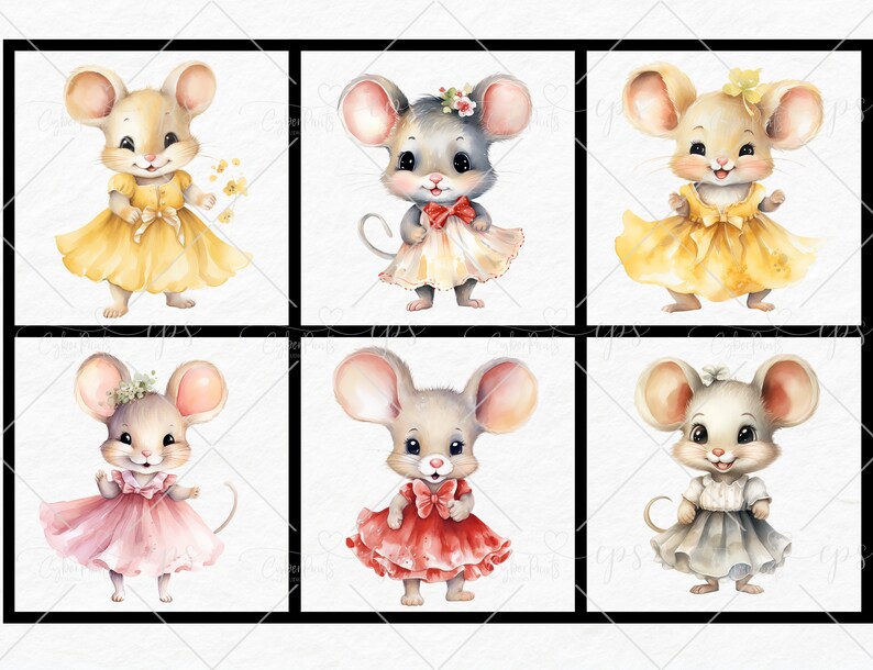 Watercolor Cute Mouse in Dress Clipart, Cartoon PNG, Mouse Clip Art ...