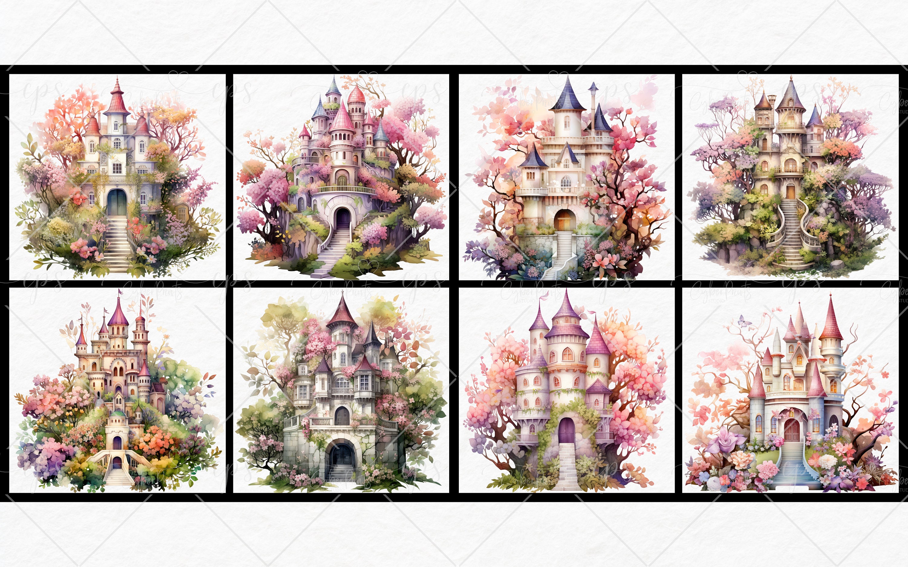 Watercolor Floral Fantasy Castles Clipart Fantasy Castle Night Scenery ...