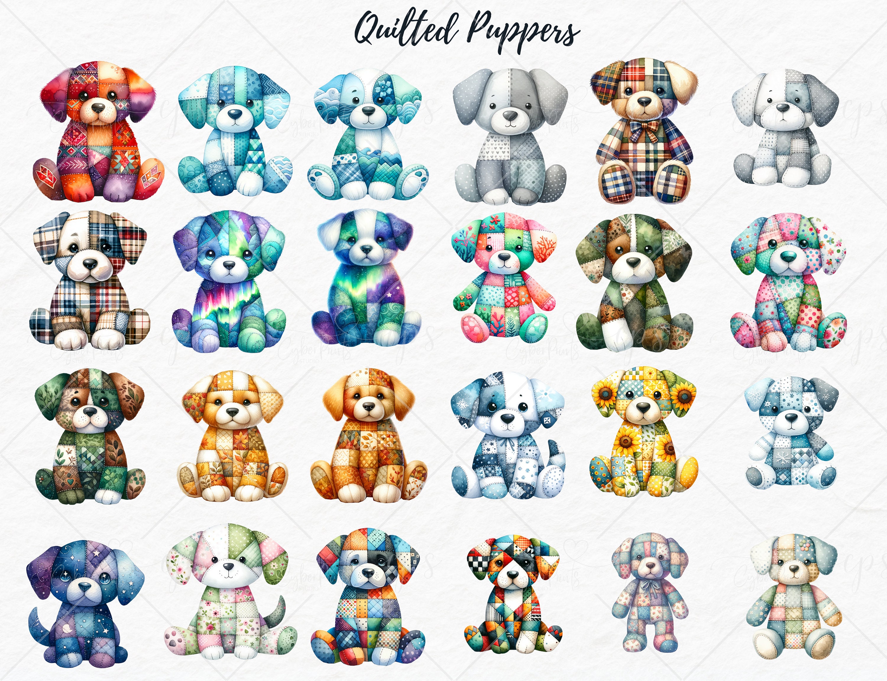 Patchwork PNG Quilted Puppy, Stuffed Animal, Nursery Art, Cute Adorable ...