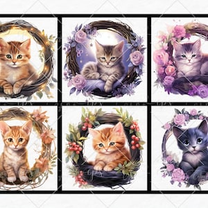 Kitten Floral Wreath Watercolor Clipart Bundle - PNG Sublimation ...