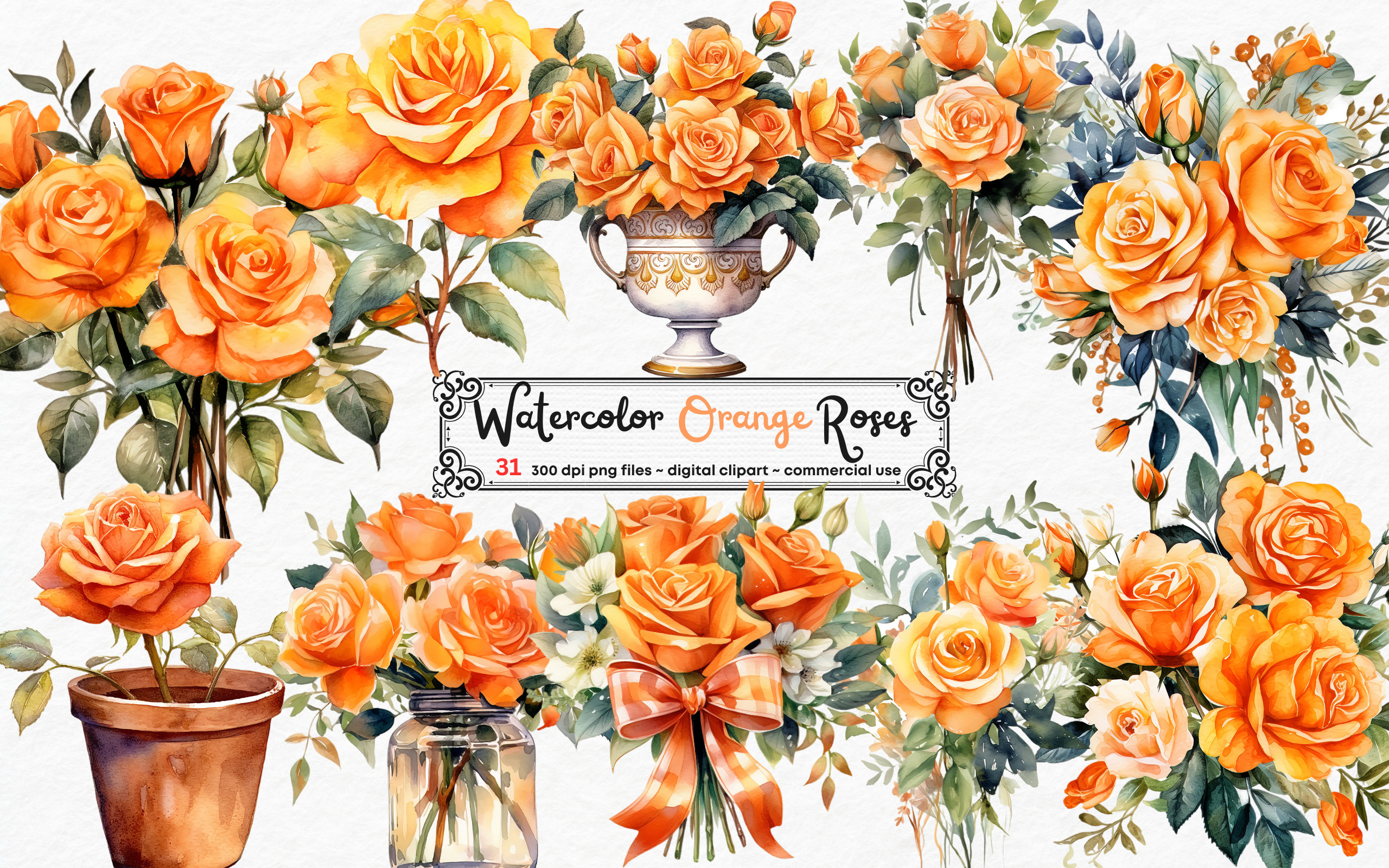 Watercolor Orange Roses Clipart Roses in PNG Format Instant Download ...