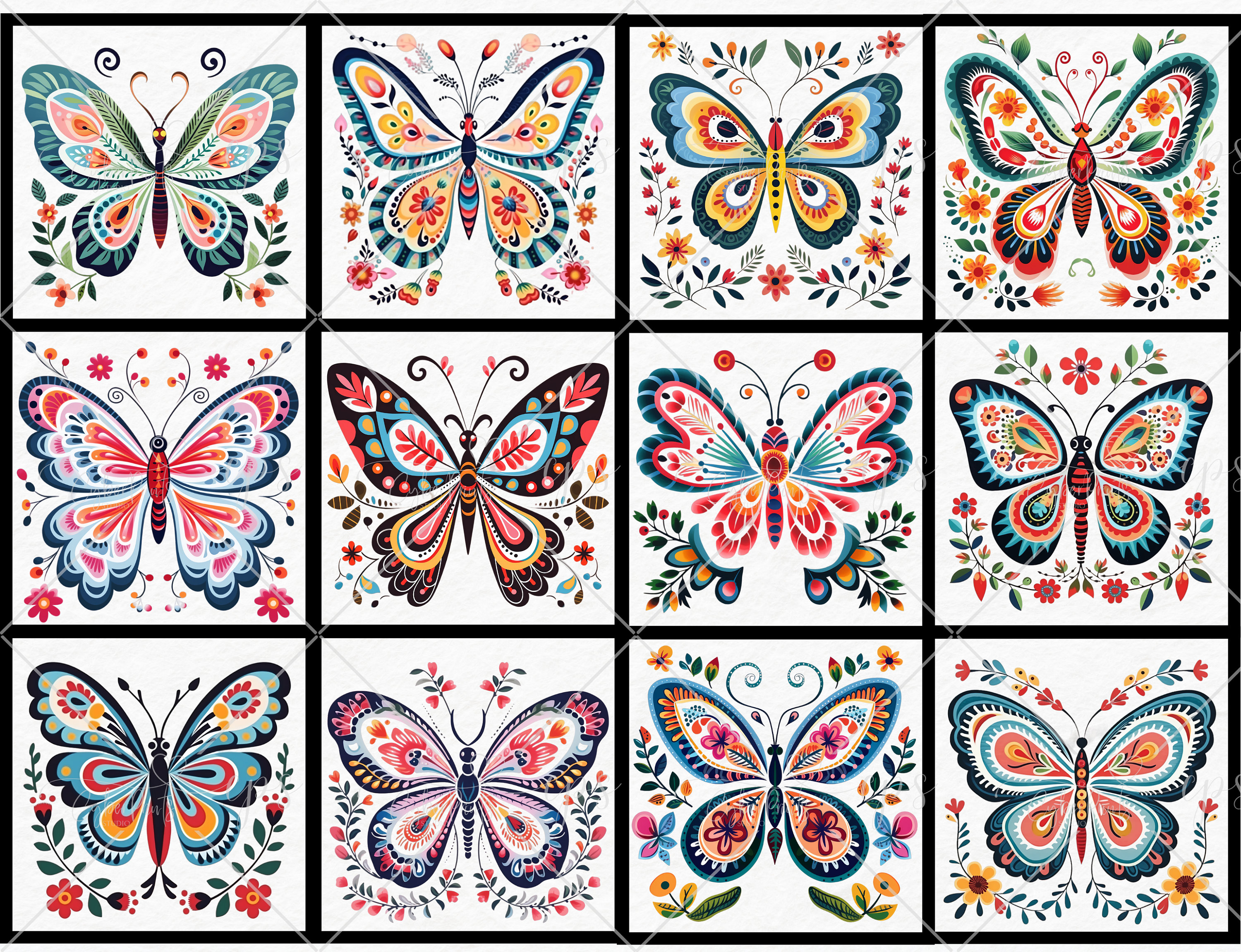 Folk Art Butterfly Clipart Colorful PNG Detailed Floral - Etsy