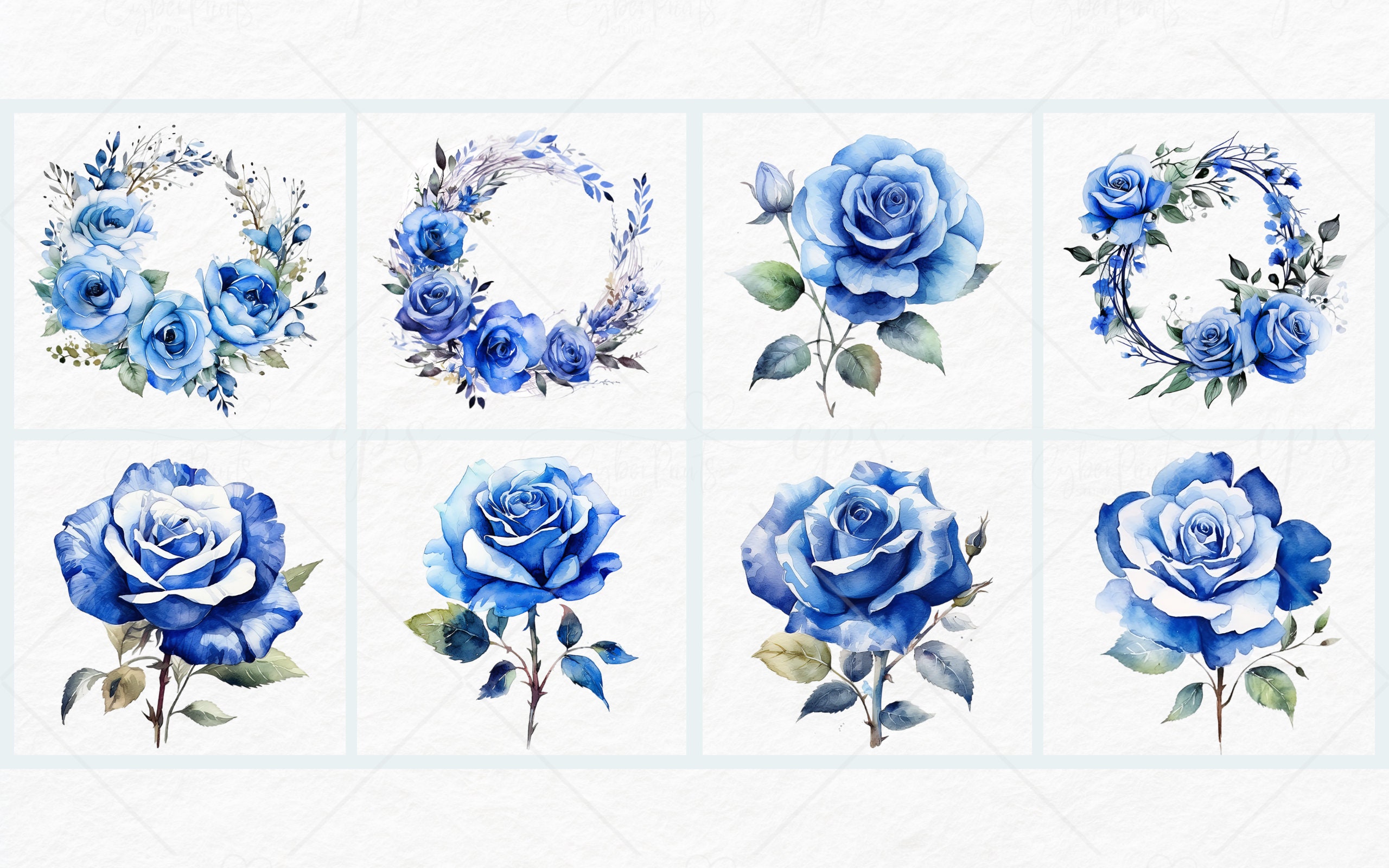 Watercolor Blue Roses Clipart Roses in PNG Format Instant Download for ...