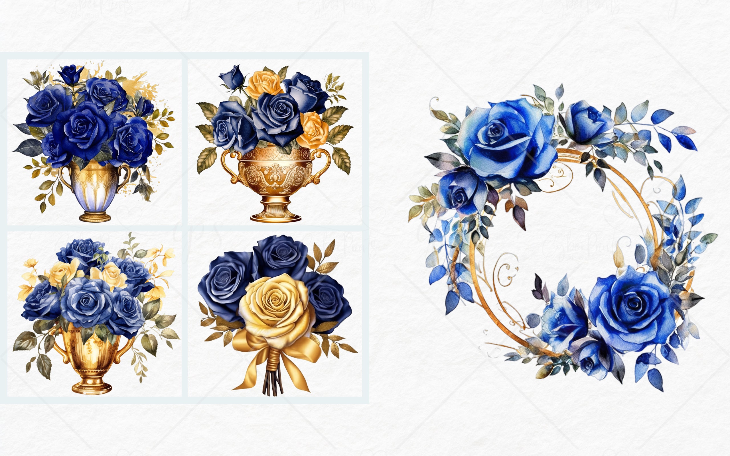 Watercolor Blue Gold Roses Clipart Roses in PNG Format - Etsy