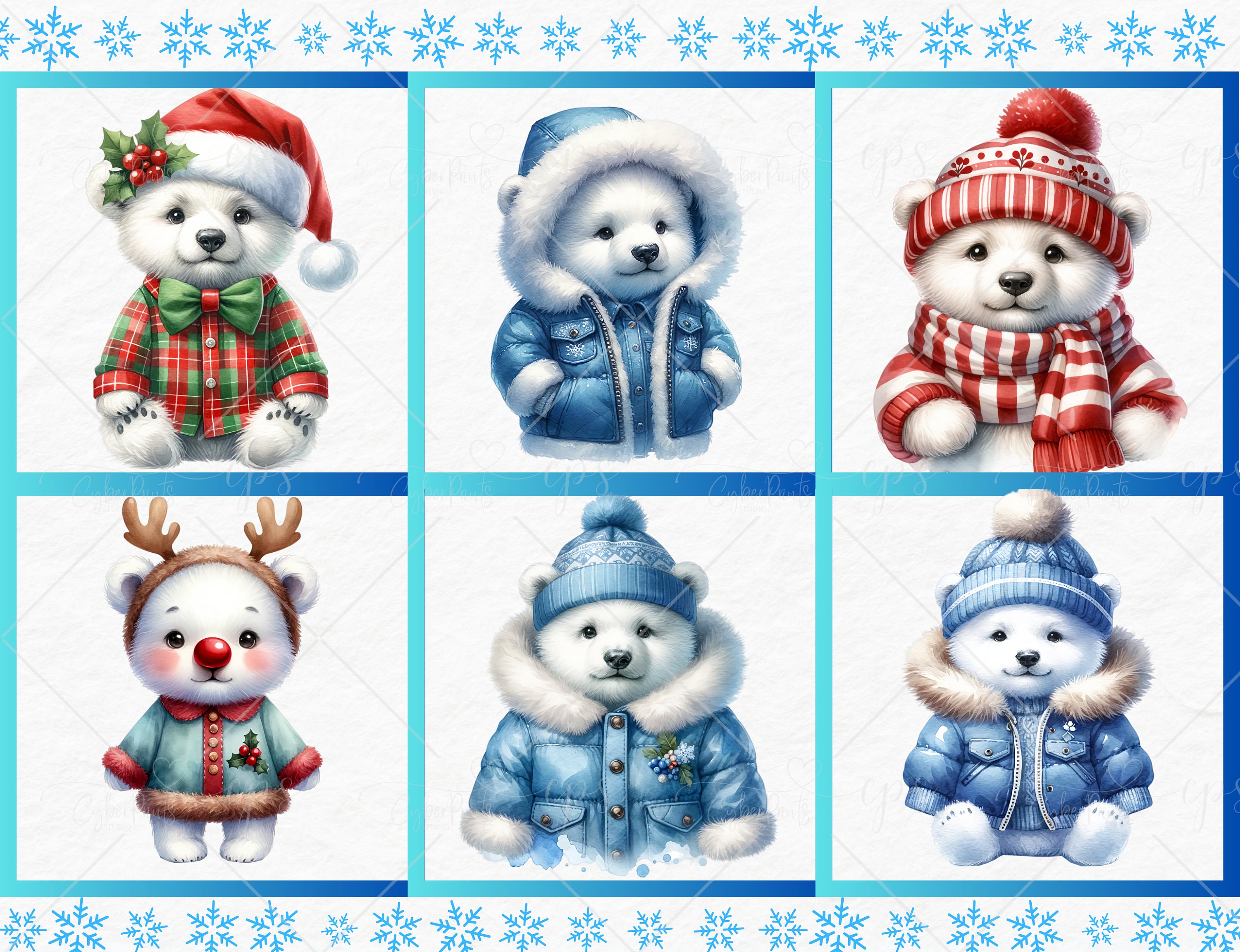 Christmas Polar Bears Clipart Cute Baby Animals in Outfits, Xmas, Santa ...