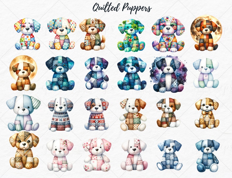 Patchwork PNG Quilted Puppy, Stuffed Animal, Nursery Art, Cute Adorable ...