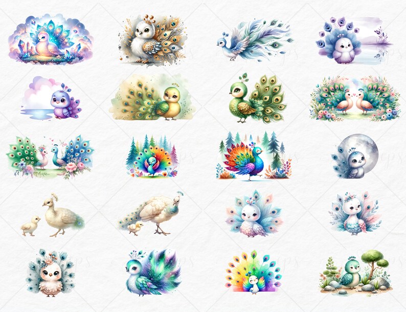 Cute Peacocks Watercolor Clipart Bundle, PNG Images, Majestic Bird ...