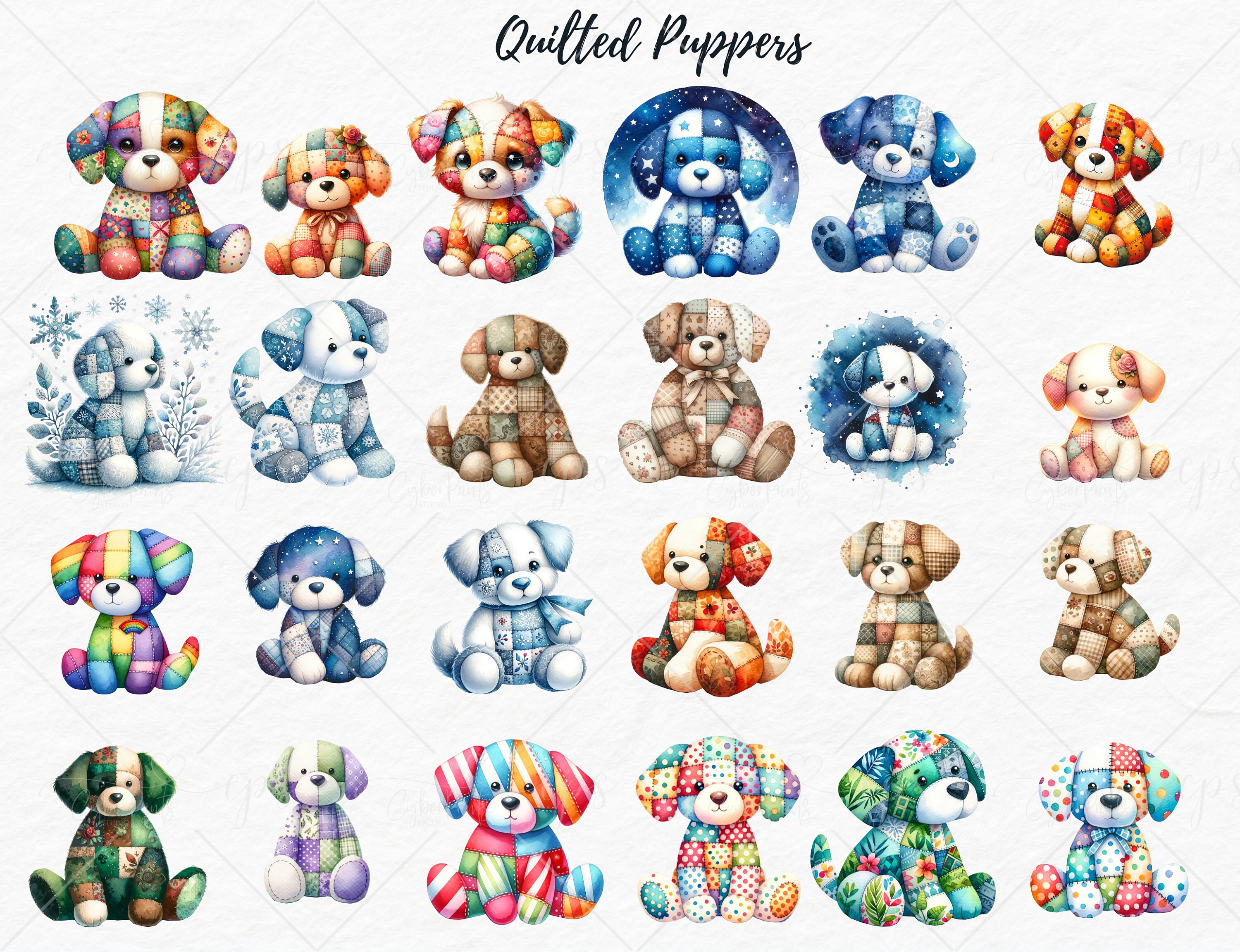 Patchwork PNG Quilted Puppy, Stuffed Animal, Nursery Art, Cute Adorable ...
