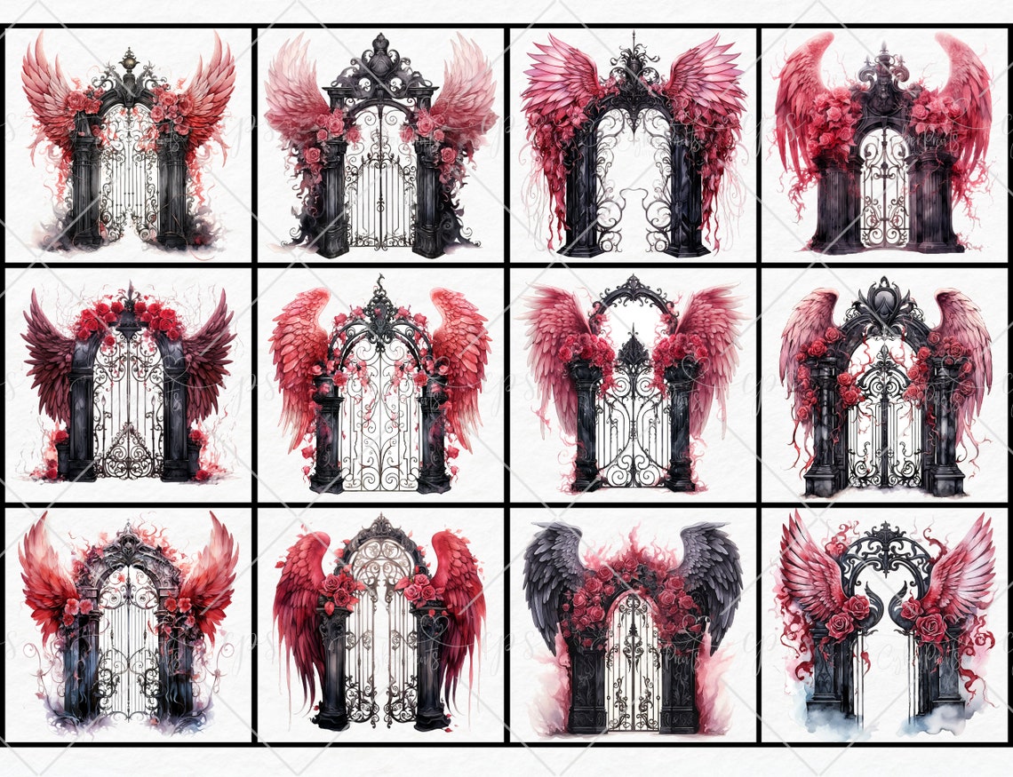Red Gothic Angel Gates Clipart - Ethereal Doors, Fantasy Heaven ...
