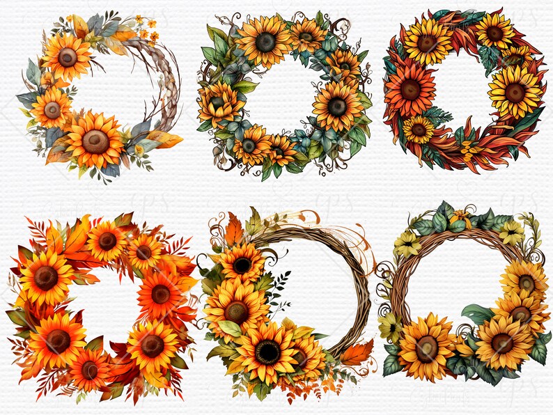 Watercolor Sunflower Wreaths Clipart Floral Frames - Etsy