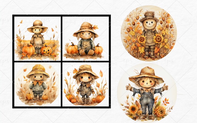 Watercolor Scarecrow Clipart Bundle Halloween PNG Digital Planner ...