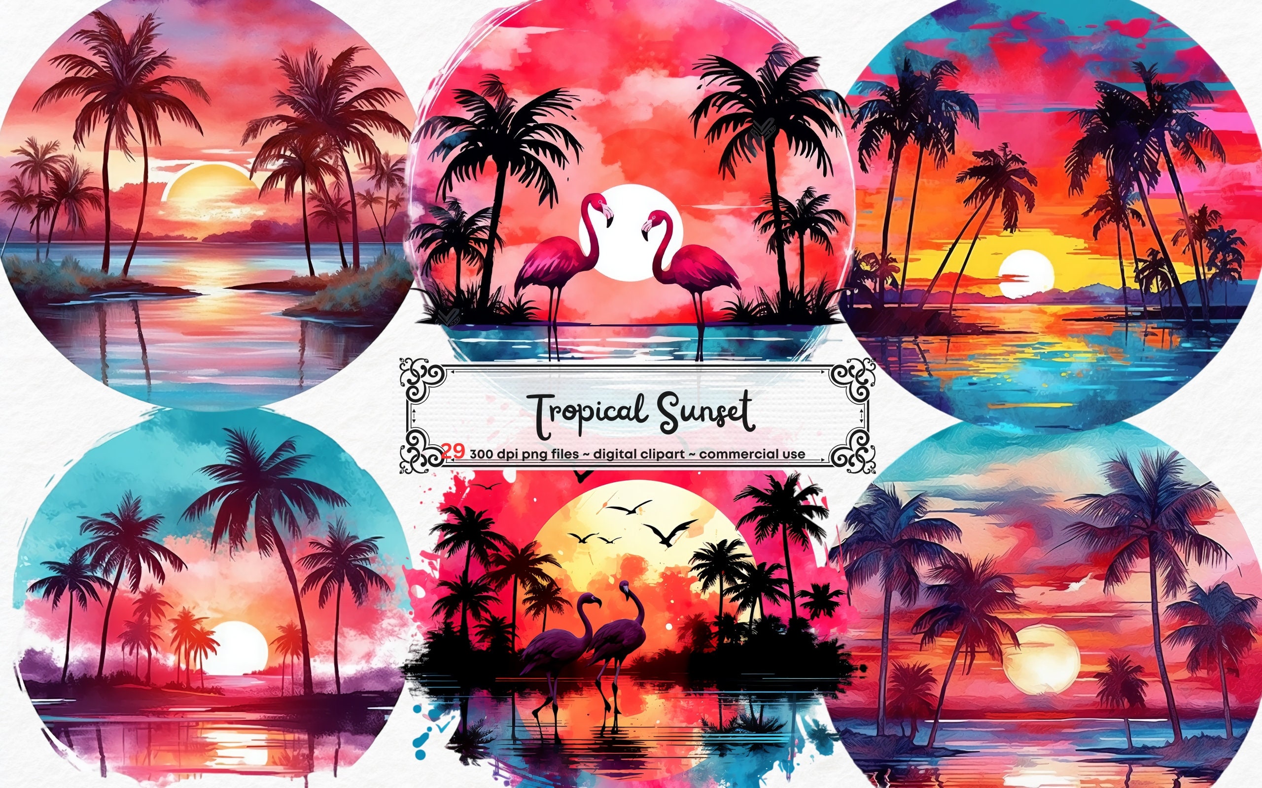 Watercolor Tropical Sunsets Clipart Wall Art, Flamingo, Digital ...