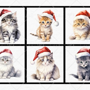 Christmas Cat Clipart, Watercolor Kittens, Santa Hat, Winter Clipart ...