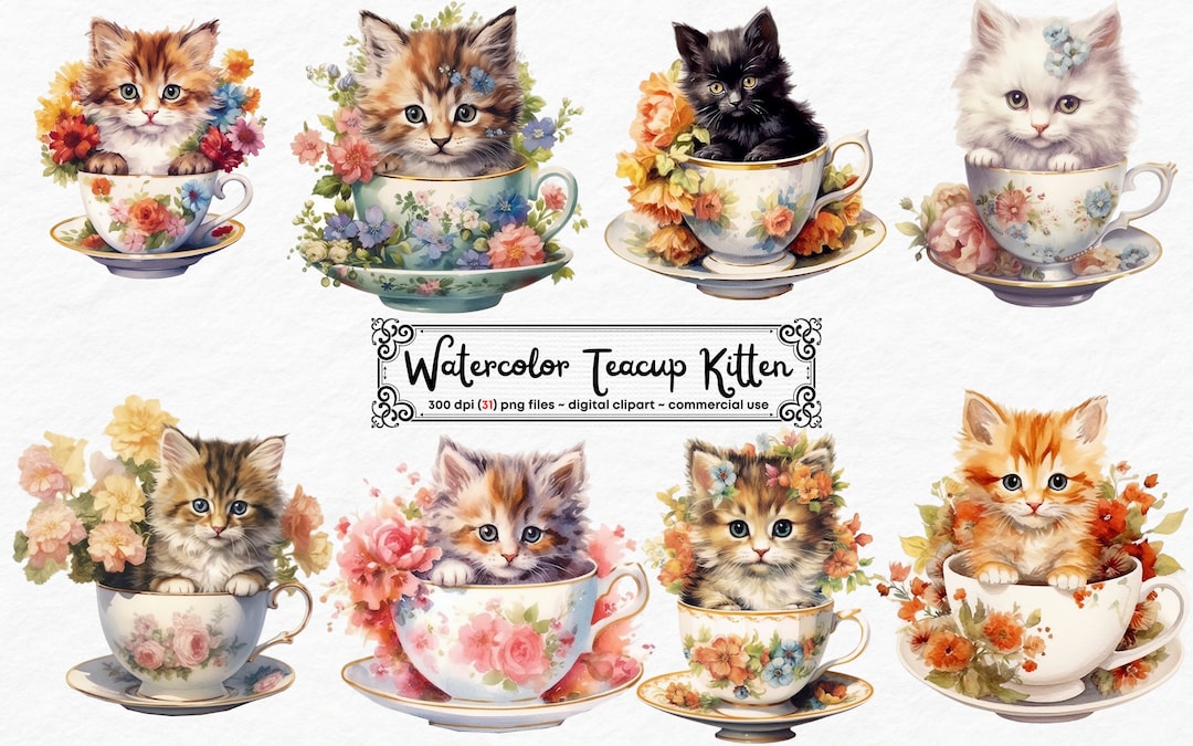 Watercolor Kitten in Teacup Clipart PNG Printable Floral Cat Tea Party Art Print Commercial Use ...