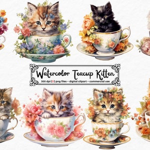 Watercolor Kitten in Teacup Clipart PNG Printable Floral Cat Tea Party ...