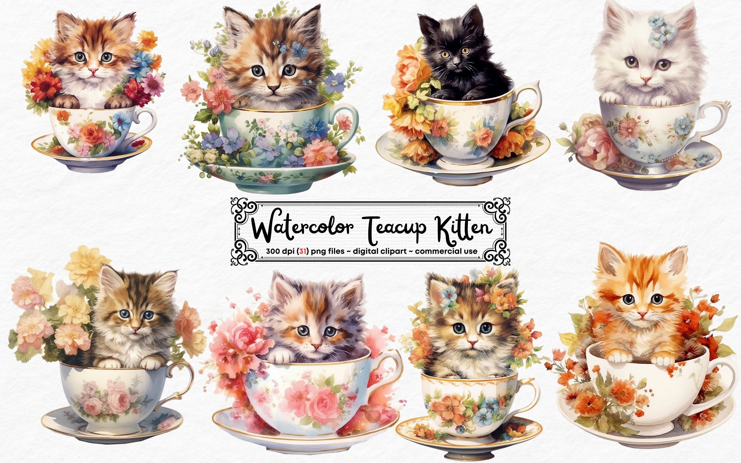 Watercolor Kitten in Teacup Clipart PNG Printable Floral Cat Tea Party ...