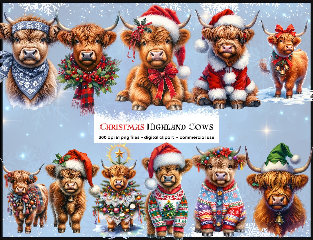 Watercolor Christmas Highland Cows Clipart, XMAS Winter Nursery Bundle ...