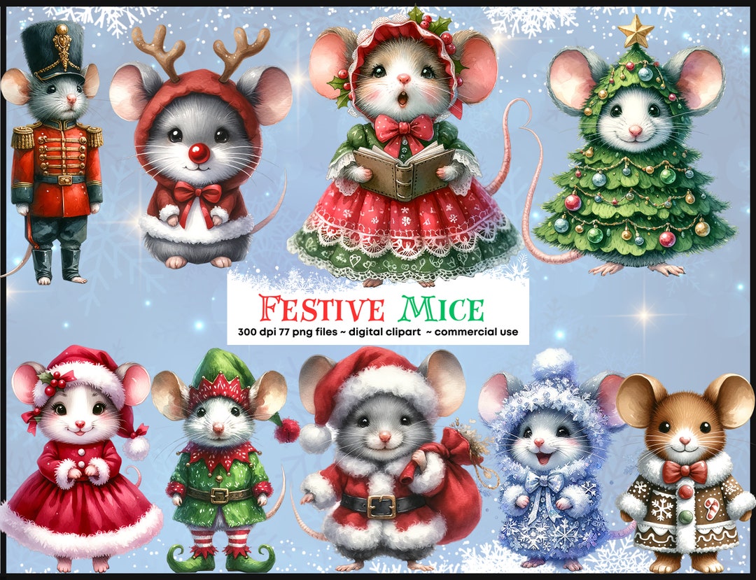 77 Christmas Mice PNG Clipart, Watercolor Winter Mouse Holiday Bundle ...