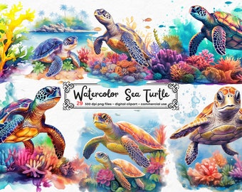 Sea Turtle Watercolor Clipart Bundle, Nautical Ocean Animals PNG for ...