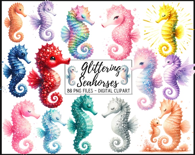 Seahorse Clipart Set - in Blue, Aqua, Green & Gold - Watercolor Sea ...