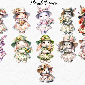 Floral Bunnies in Dresses, Watercolor Clipart Png, Rabbit, Bunny Png ...