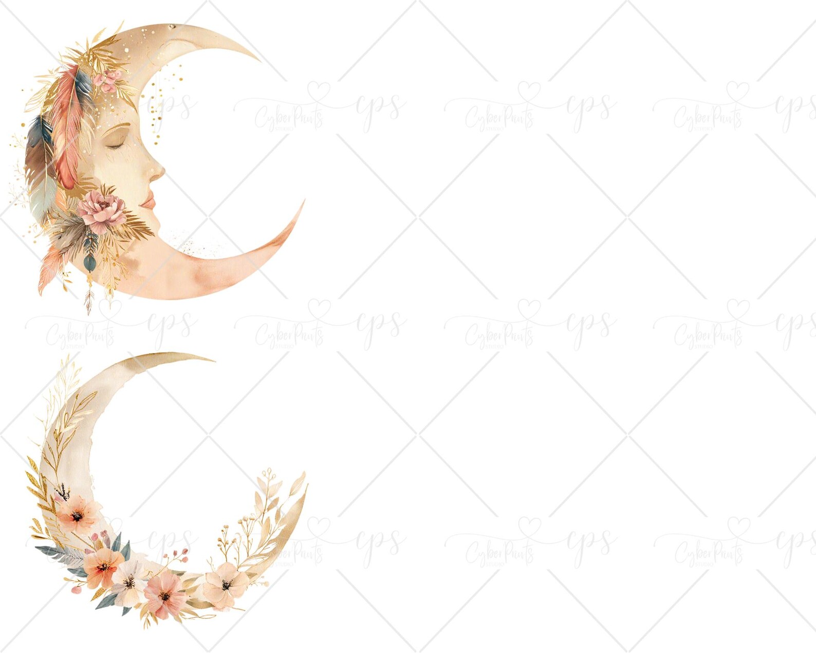 Boho Moon Clipart Bundle - 19 Watercolor PNG Crescent Moons With Floral ...