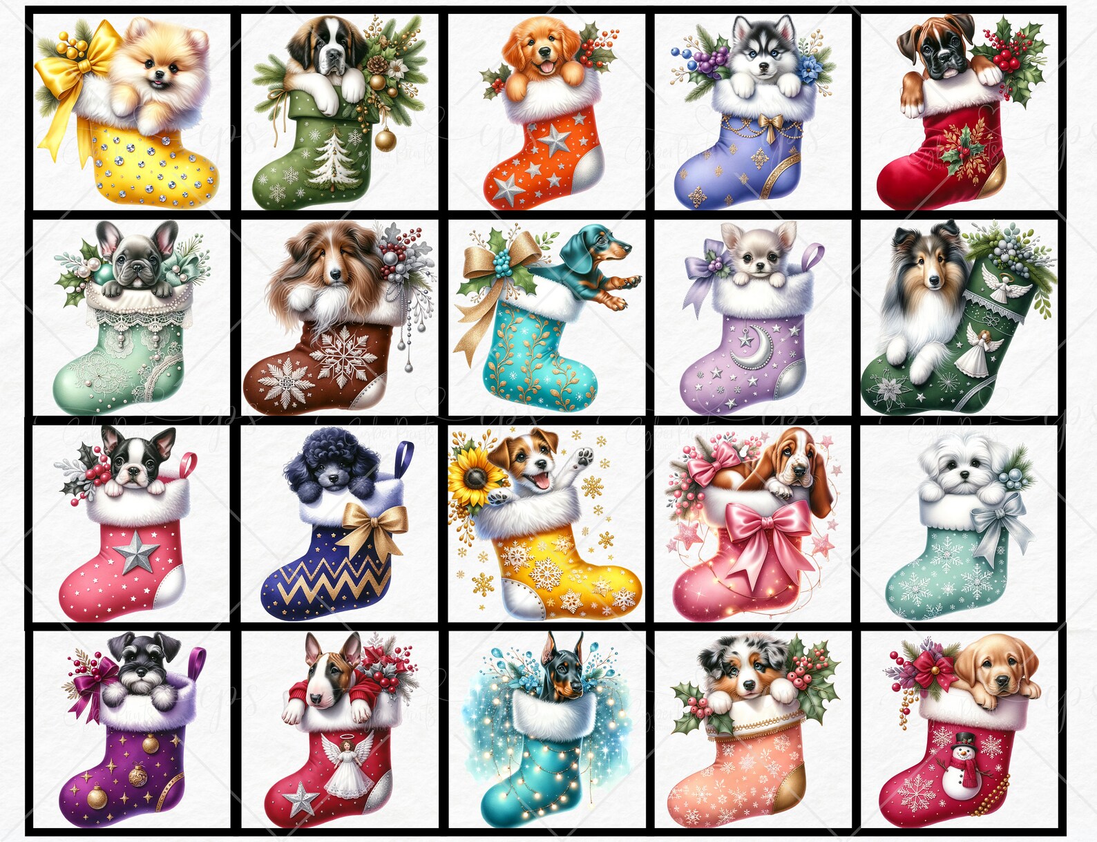 Christmas Puppy Stocking, Cute Watercolor Dog Clipart, Holiday, Festive ...