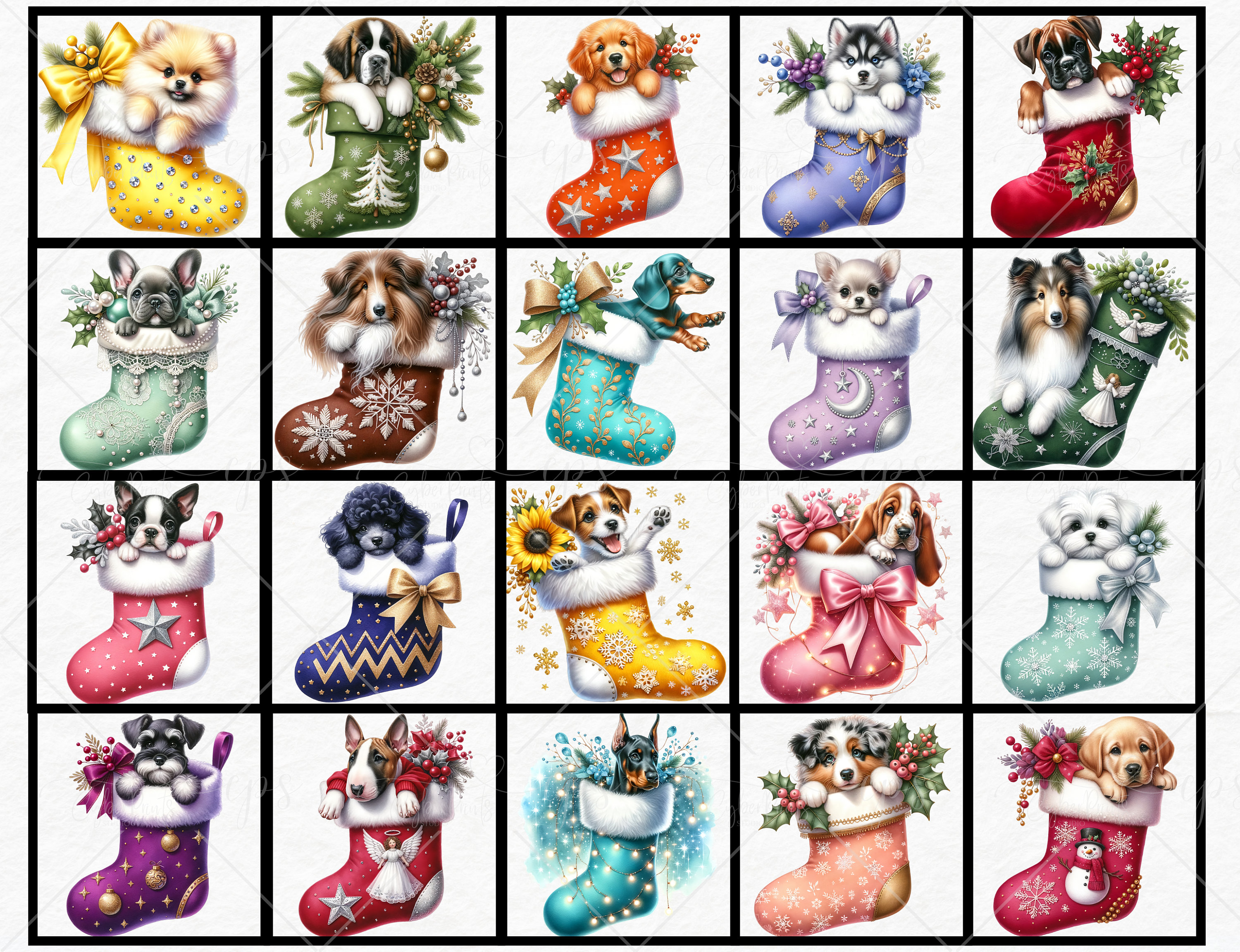 Christmas Puppy Stocking, Cute Watercolor Dog Clipart, Holiday, Festive ...