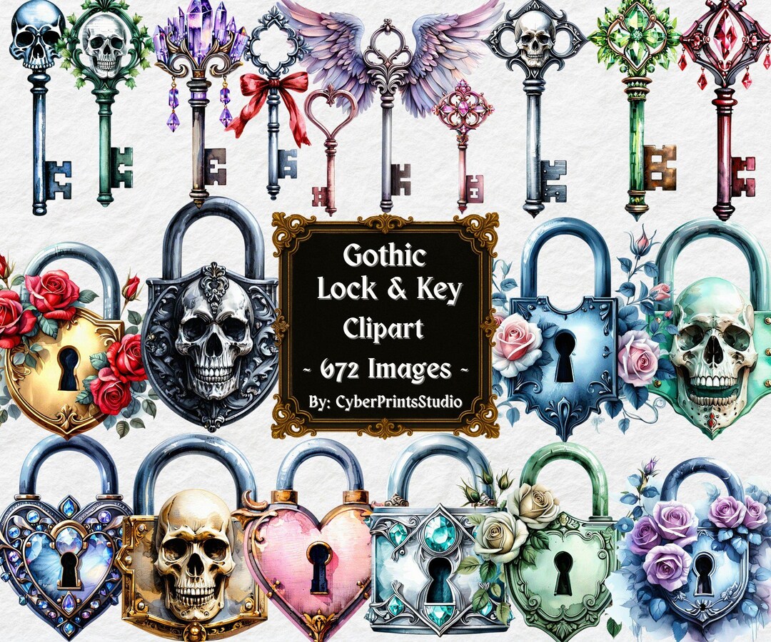 Gothic Lock and Key Watercolor Clipart Bundle – 672 Pngs With Skull ...