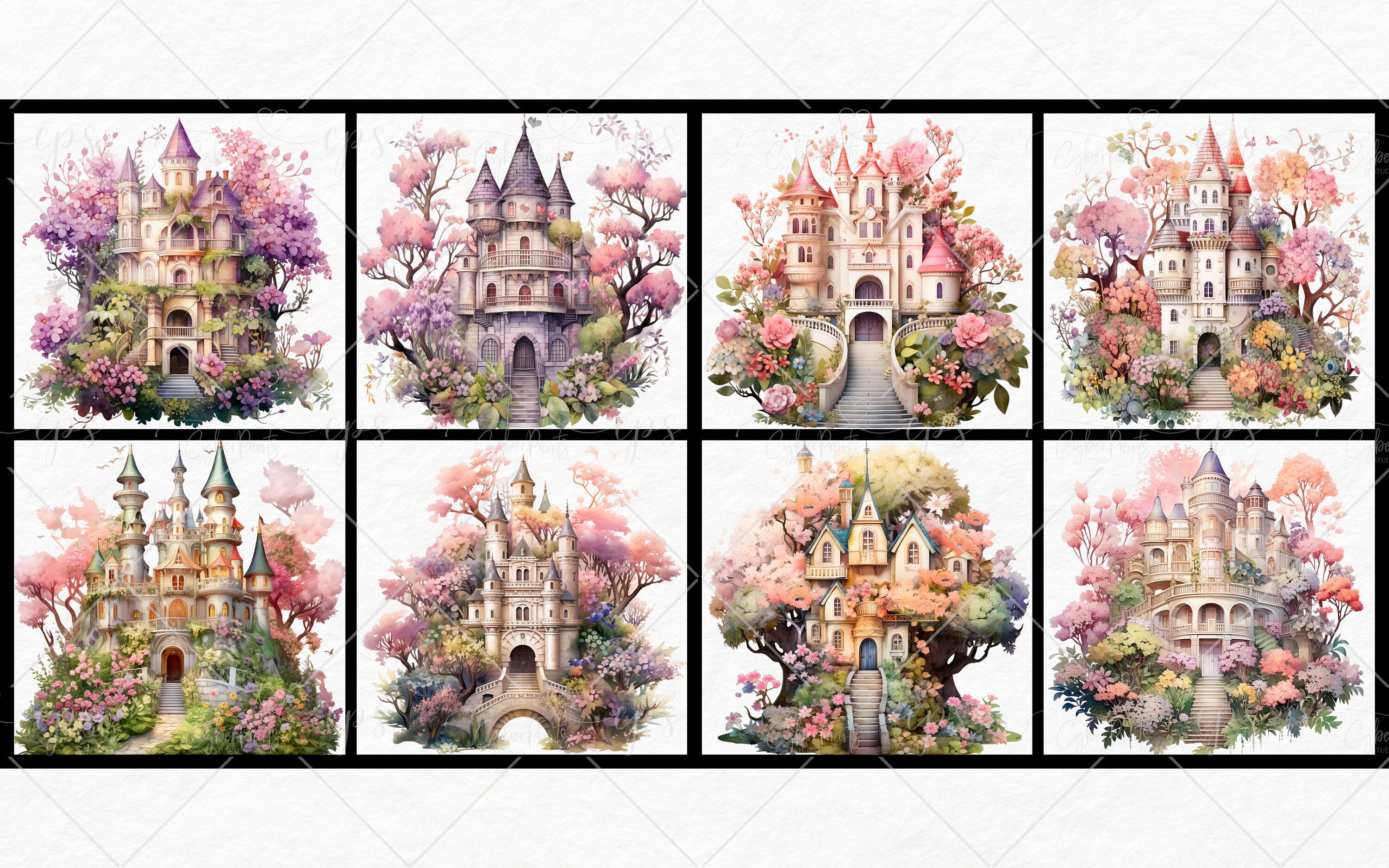 Watercolor Floral Fantasy Castles Clipart Fantasy Castle Night Scenery ...