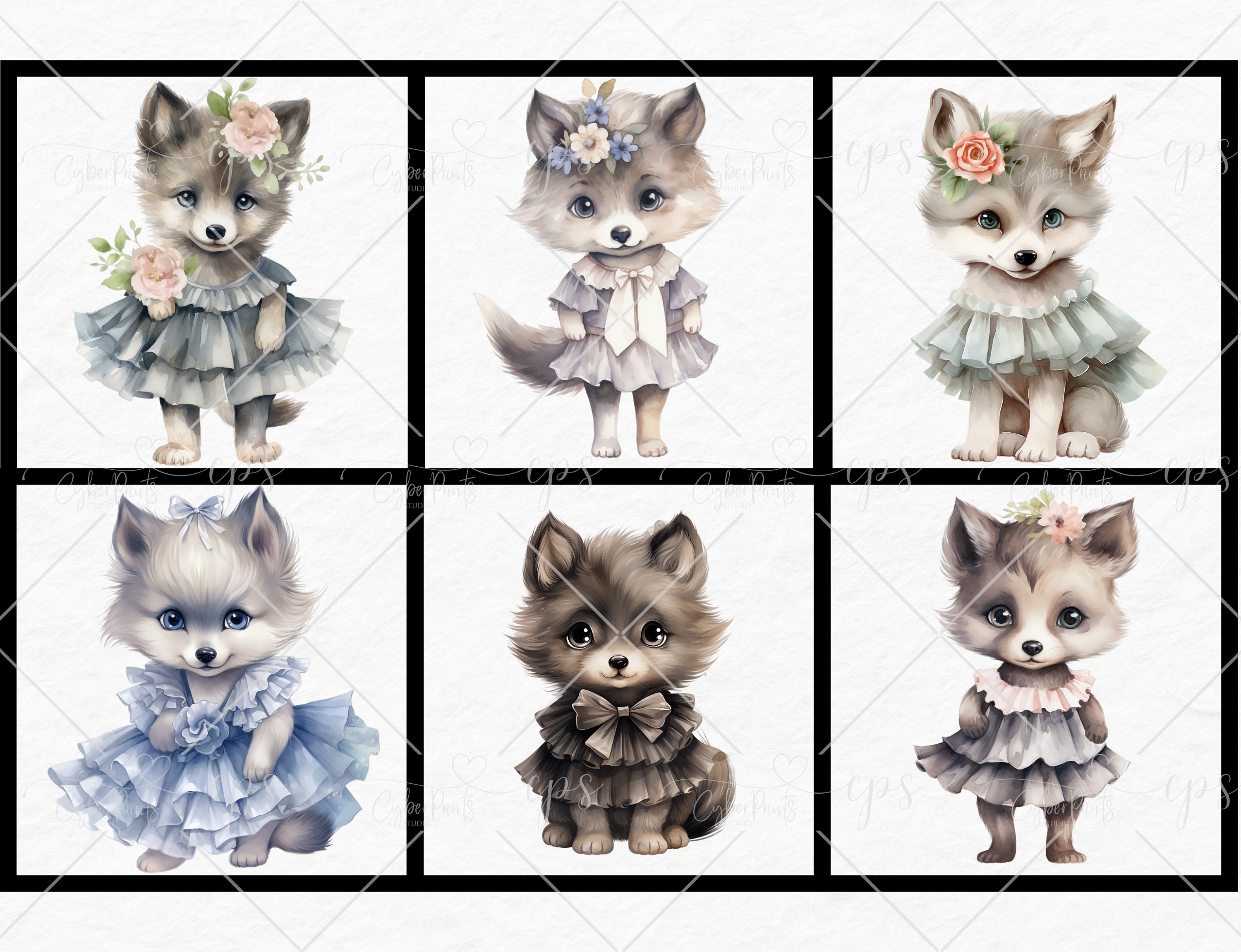 Watercolor Cute Wolf in Dress Clipart, Cartoon PNG, Wolves Clip Art ...