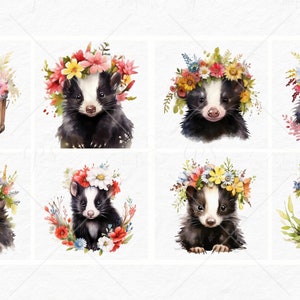 Cute Skunk Watercolor Clipart Skunk Flowers PNG Commercial Use Forest ...