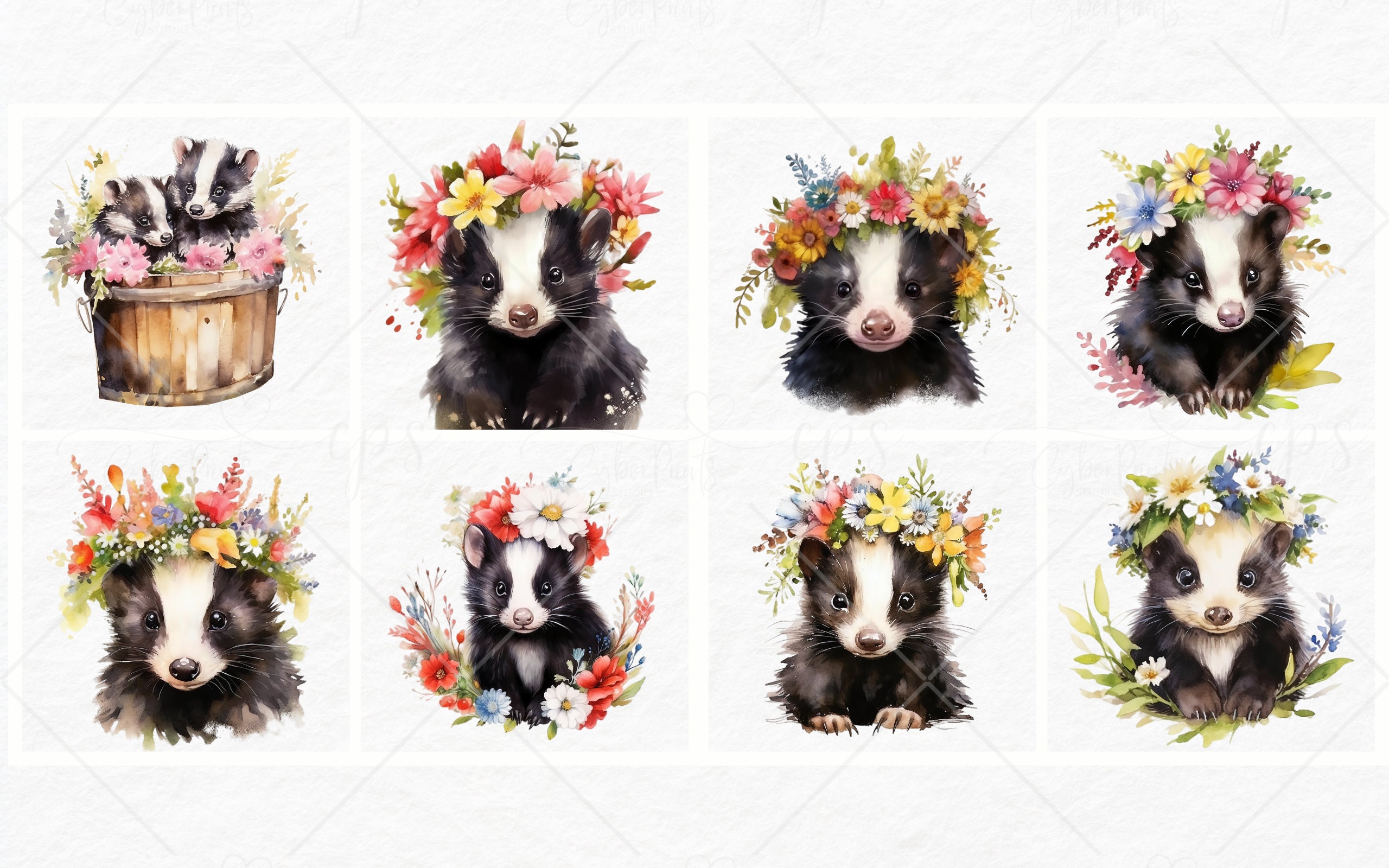 Cute Skunk Watercolor Clipart Skunk Flowers PNG Commercial Use - Etsy
