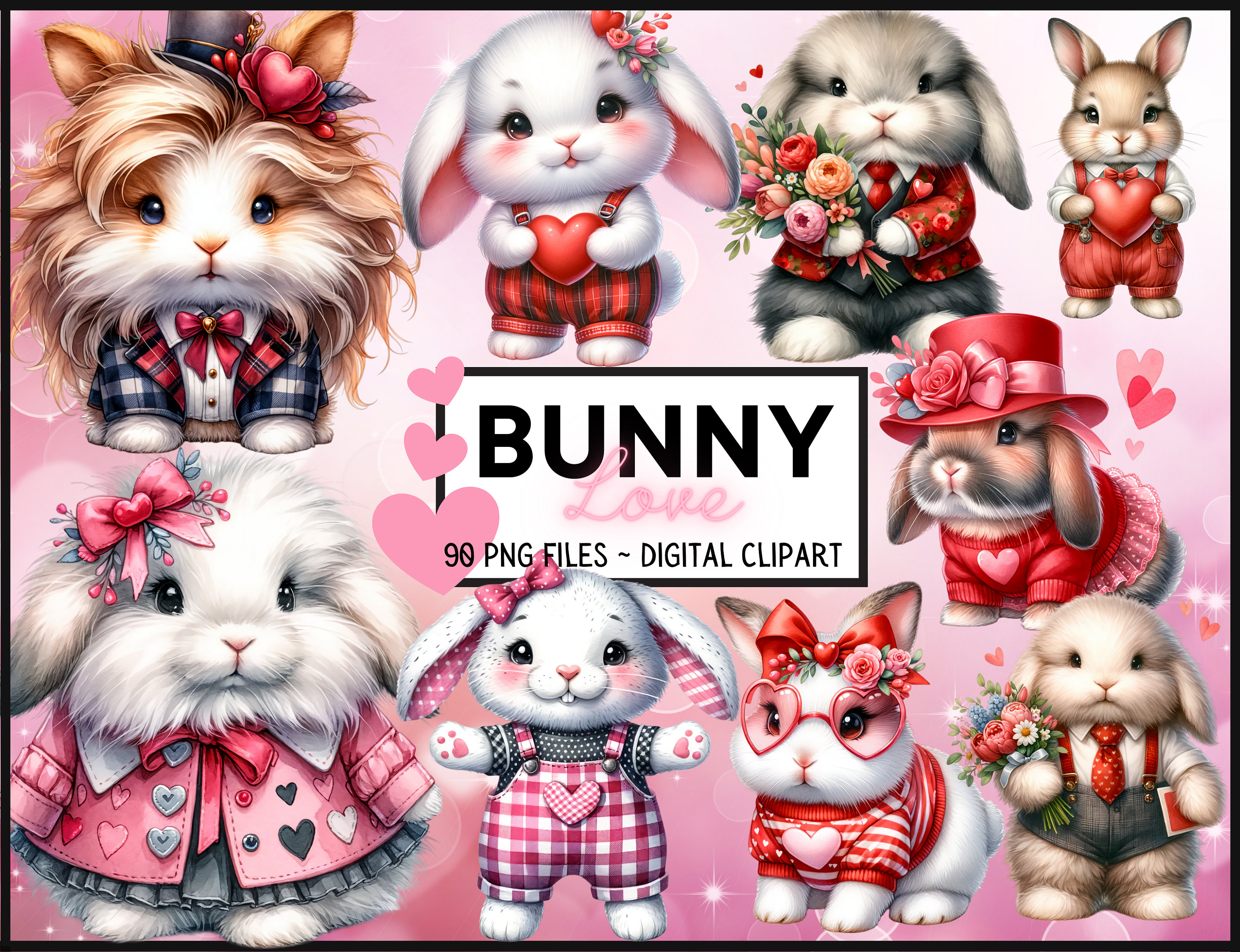 Valentine Rabbit Clipart Bundle Bunny Sublimation Bundle for Valentines ...