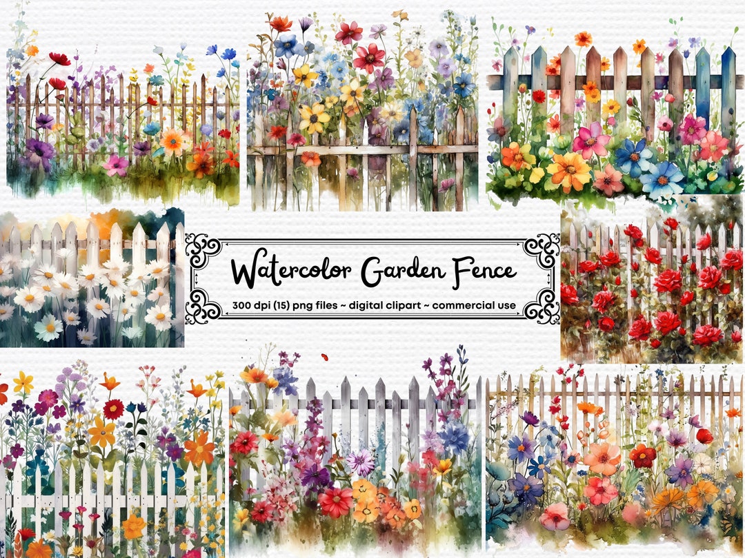 Watercolor Garden Fence Clipart, Spring Flowers PNG, Instant Download ...