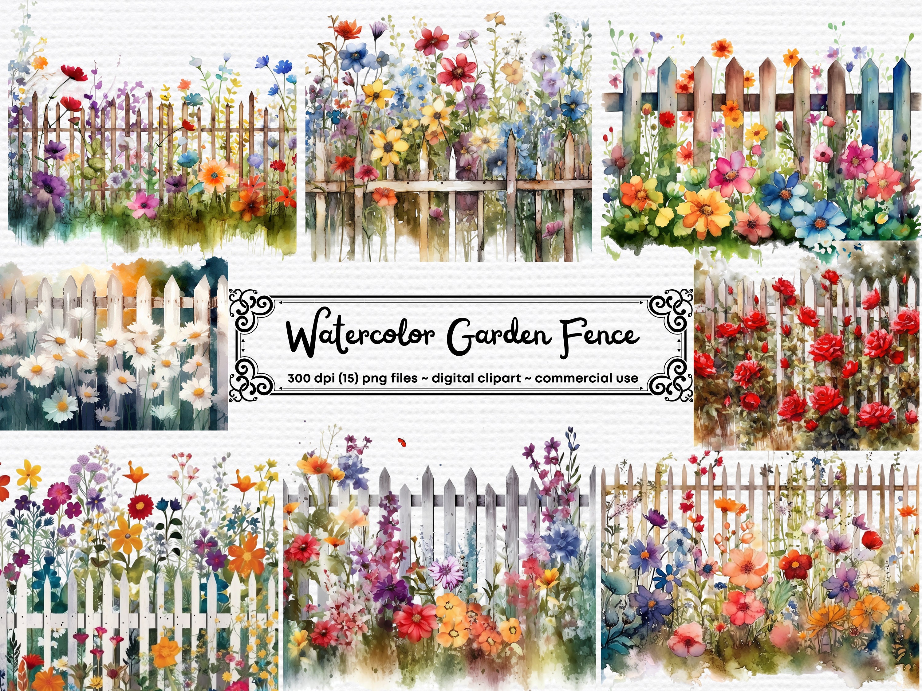 Watercolor Garden Fence Clipart, Spring Flowers PNG, Instant Download ...