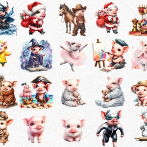 Pigs Watercolor Clipart Bundle - 136 PNG Cute Pig Images, Outfits ...