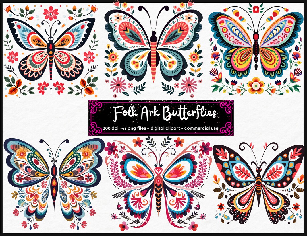 Folk Art Butterfly Clipart, Colorful PNG, Detailed, Floral PNG ...